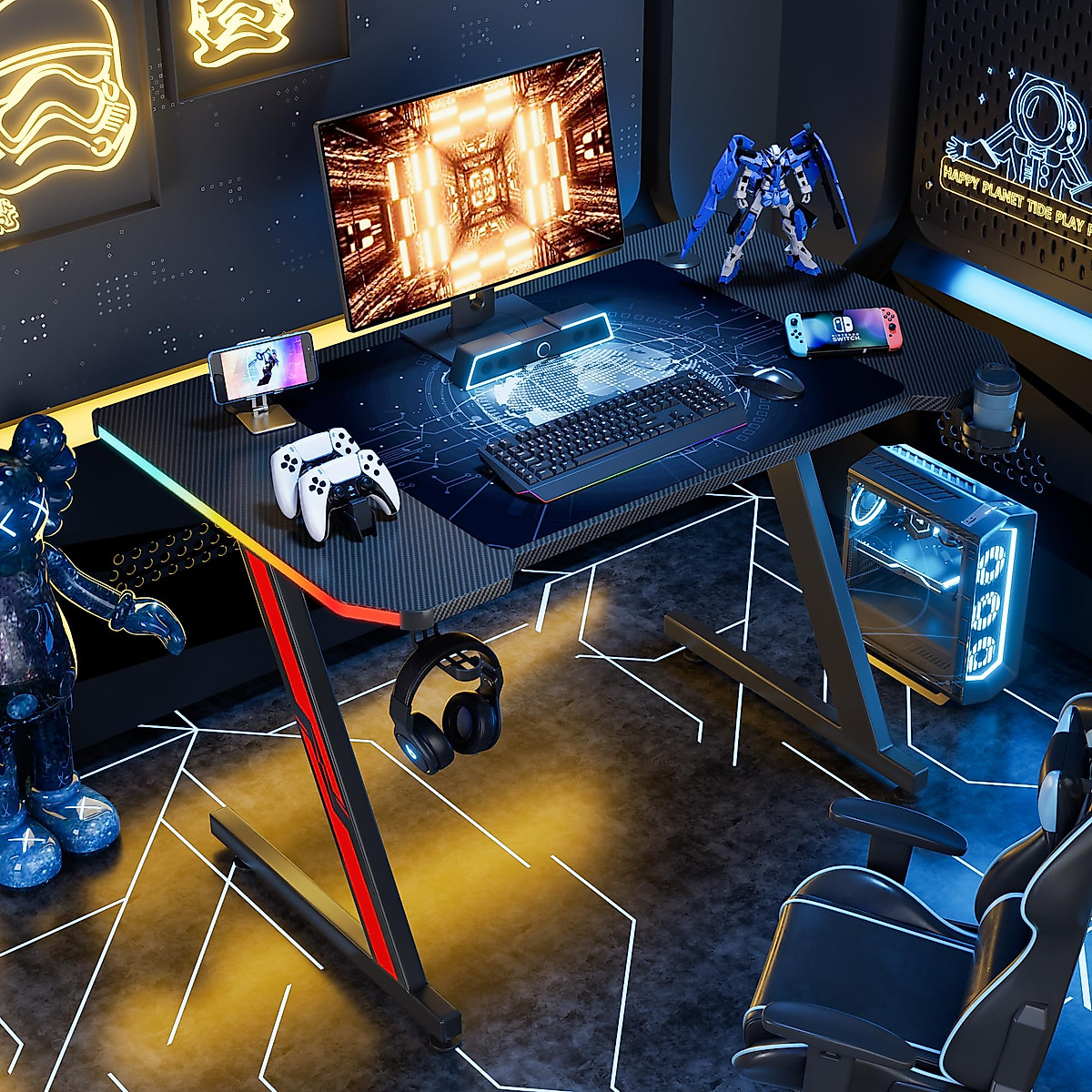 Homall Gaming Computer Desk with Carbon Fiber Surface, Gaming Table Z Shaped PC Home Office with Cup Holder&Headphone Hook(47 in, Black, Led Light)
