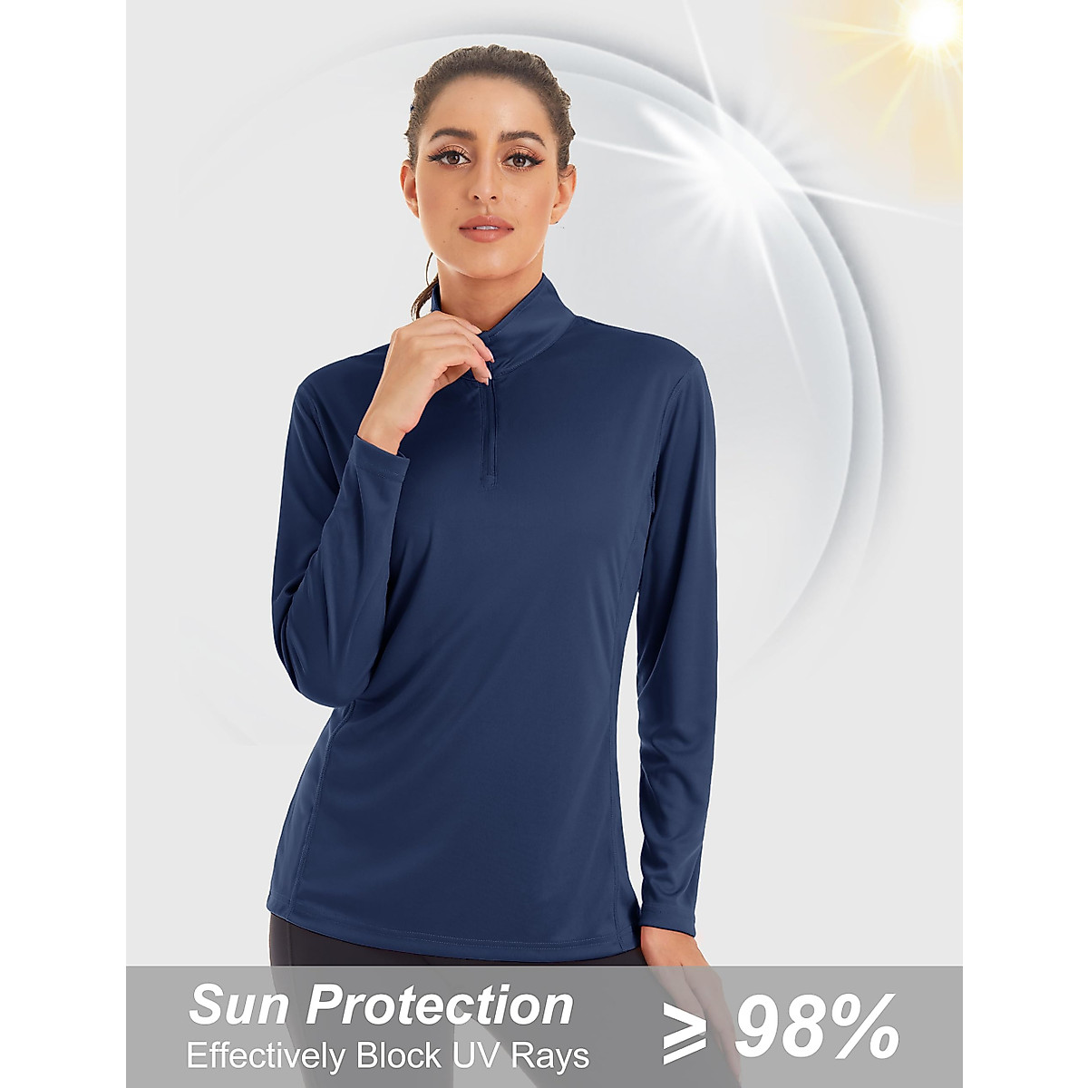 MAGCOMSEN Women's Long Sleeve Half Zip Running Shirt, Regular Fit High Neck Hiking & Golf Polyester Top - Navy