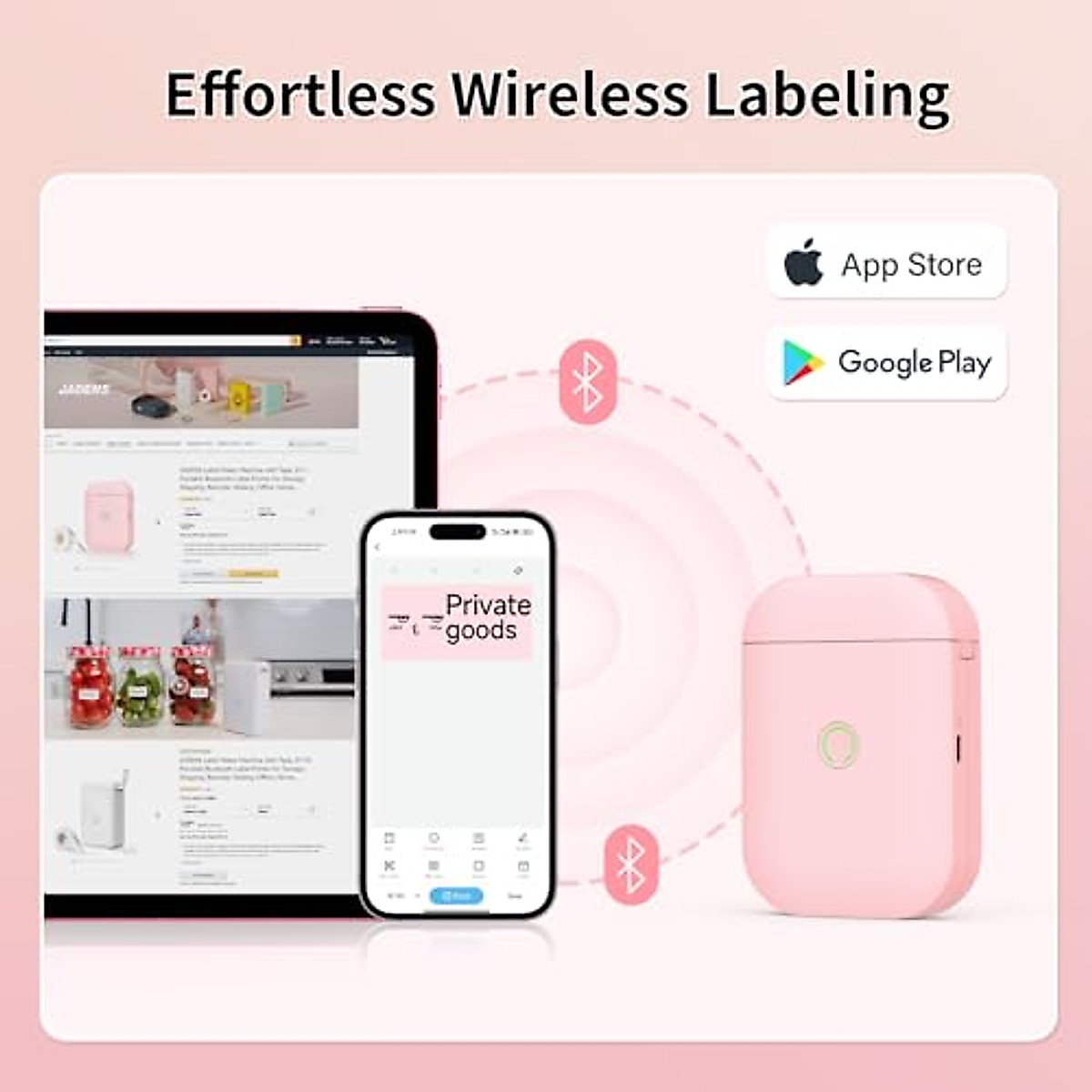 JADENS D11 Pro Portable Bluetooth Label Maker with Tape - Mini Label Printer for Storage, Barcode, Mailing, Office & Home Organizing - Sticker Maker with Multiple Templates, Pink