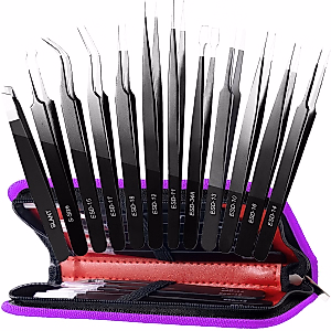 Antonki 12 Pack Precision Tweezers Set, Point and Slant Metal Tweezer Kits for Craft, Soldering, Jewelry, Ingrown Hair, Eyelash Extension, Eyebrow - with Case