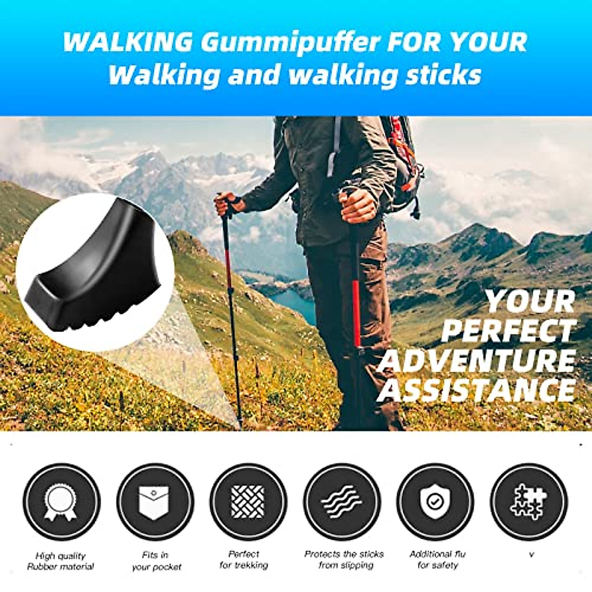 6 Pack Hiking Walking Sticks Rubber Tips, Replacement Tips Protectors for Trekking Poles, Fits Most Standard Hiking, Trekking, Walking Poles (Shoe Shape Tips)