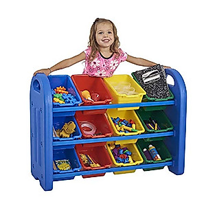 ECR4Kids 3-Tier Toy Storage Organizer with Bins, Blue with 12 Assorted-Color Bins, GREENGUARD Gold Certified Toy Organizer and Storage for Kids’ Toys, Kids’ Toy Storage (ELR-0216)