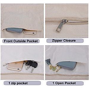 ALUWU Corduroy Tote Bag for Women Corduroy Purse with Front Pocket and Zipper Shoulder Hobo Handbags Simple Canvas Purse, Begie