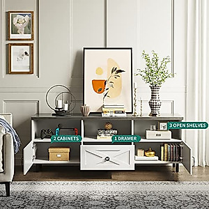 YITAHOME Mid-Century Modern TV Stand for 70/65/60/55 inch, Boho Wood TV Table Farmhouse Media Console with Storage Cabinet and Open Shelves for Living Room, Bedroom, 65 inch, White/Grey