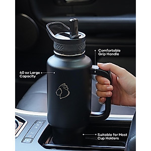 BUZIO Insulated Water Bottle with Handle & Flip Straw, 40oz Metal Travel Tumbler Fits in Cup Holders, Dishwasher Safe Leakproof Reusable Sport Mug, Gift for Women & Men, Keep Cold for 48hrs, Black