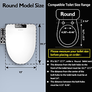 WLJBIDET Round Bidet Toilet Seat,Electronic Heated Smart Toilet Seat with Unlimited Heated Water and Warm Air Dryer,Adjustable Temperature,Self-Cleaning Stainless Steel Nozzle,Side Panel Control