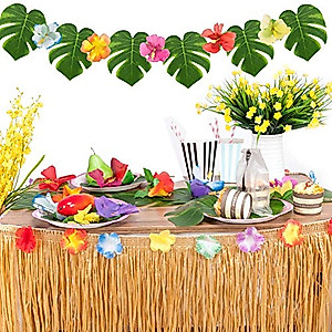 Sharlity Luau Gold Table Skirts for Hawaiian Party Decorations, Luau Party Supplies with 9ft Tropical Raffia Grass Table Skirt, Tiki Palm Leaves and Hibiscus Flowers (1 Pack)
