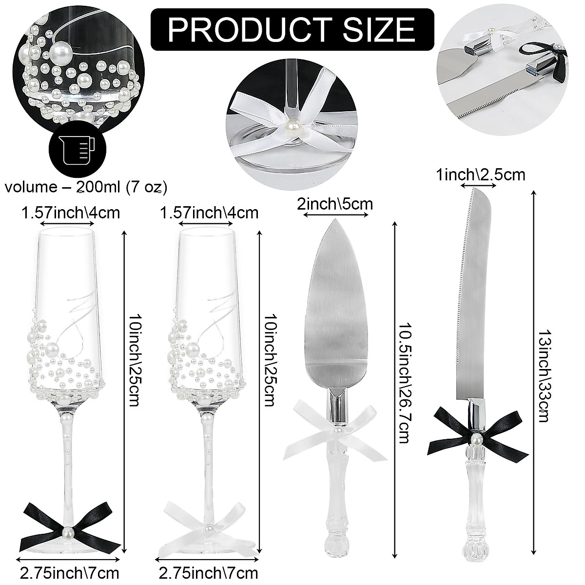 SEMONONIA 4 Piece Wedding Toasting Flutes and Cake Server Set - Champagne Glasses and Knife Server Set,Bride and Groom Wine Glasses and Cake Knives Set for Anniversary Engagement Gifts for Couple