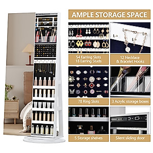 LVSOMT 360° Swivel Jewelry Armoire Cabinet, Full Length Mirror with Jewelry Storage, Standing Jewelry Armoire Organizer with Mirror, Rotatable, Large Capacity (White)