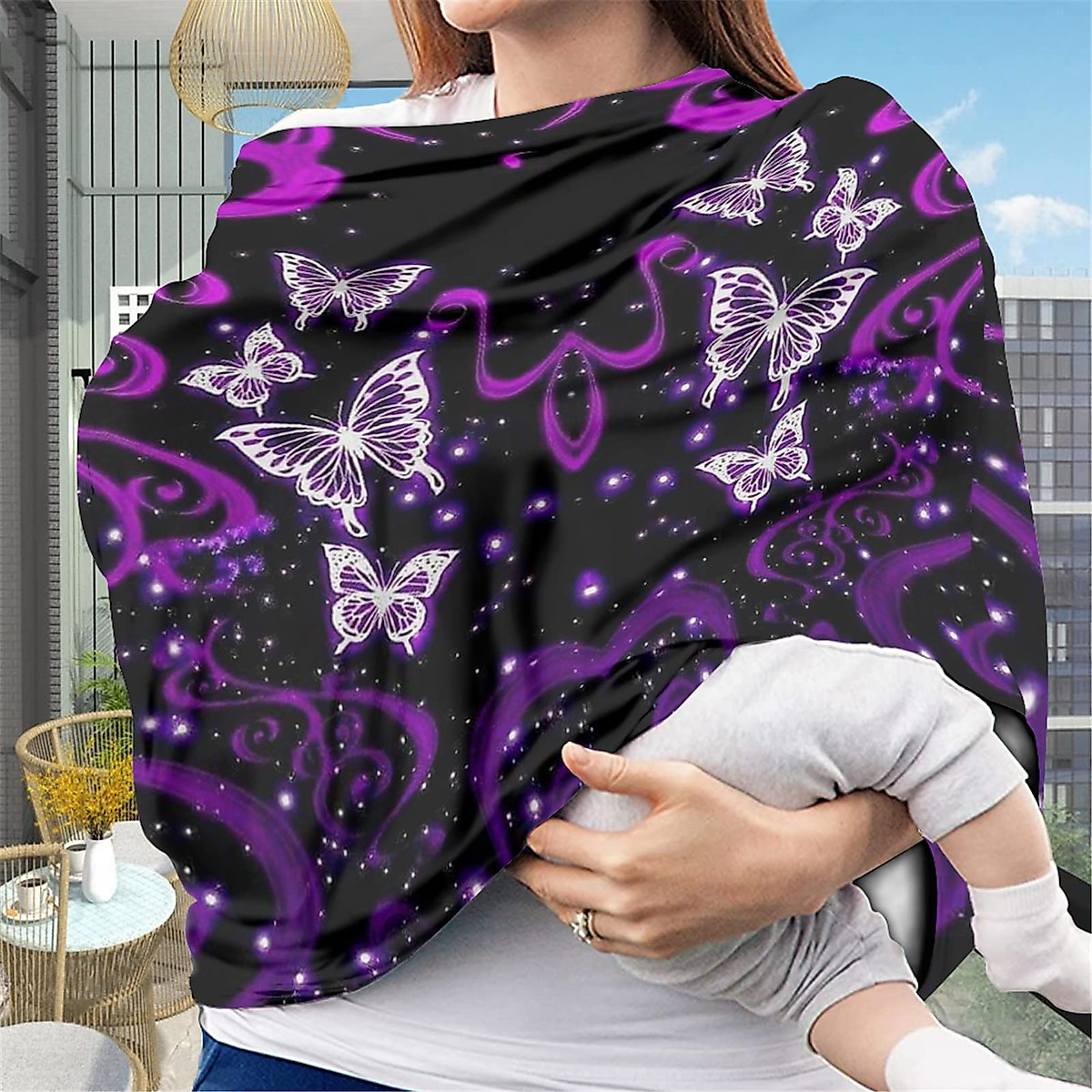 Horeset Purple Butterfly Car Seat Cover for Babies,Stretchy Infant Stroller Cover Soft Breastfeeding Cover Breastfeeding Scarf Infant Carseat Canopy