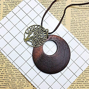 SIVITE Vintage Bronze Tree of Life with Wood Pendant Necklace Long Leather Chain Wooden Necklace for Women