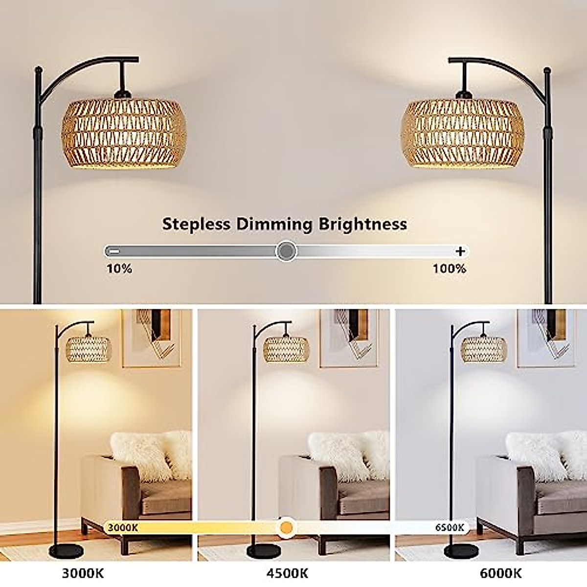 Arc Floor Lamp with Remote Control, Dimmable LED Floor Lamp with 3 Color Temperature, Black Standing Lamp with Rattan & Fabric Double Drum Shade, Boho Farmhouse Tall Pole Lamp for Living Room Bedroom