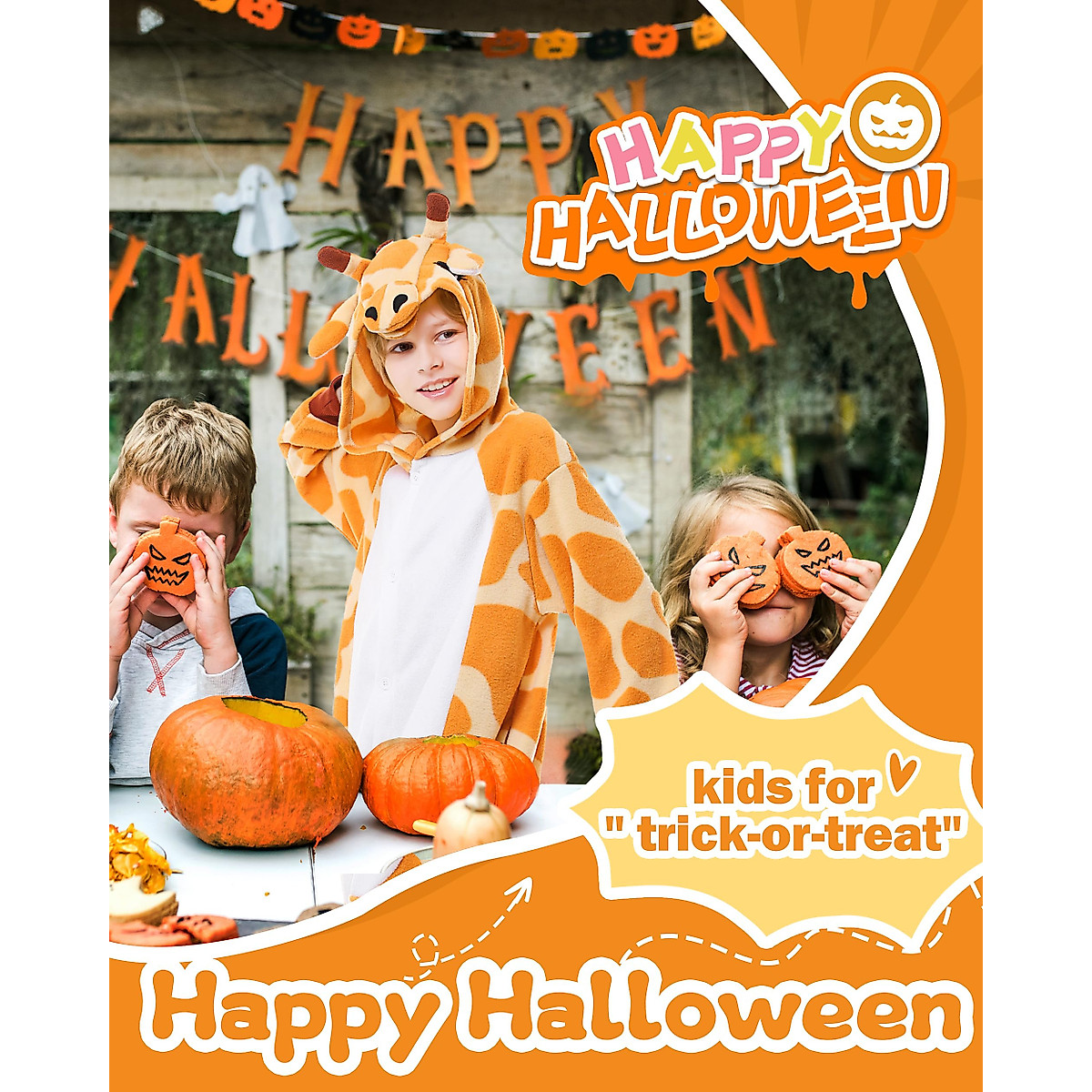 CANASOUR Giraffe Onesie Kids Animal Halloween Cosplay Costume for 5T Girls Unisex Outfuit One Piece Hooded Orange Soft Pajamas Party Boys Suit (5T, Giraffe)