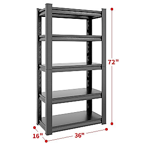 DARTIIA 72" H Garage Shelving 2500LBS Heavy Duty Storage Shelves Adjustable 5 Tier Metal Shelves for Storage Garage Industrial Shelving Utility Racks,16" D*36" W*72" H,Black
