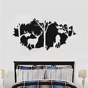 Forest Animals Wild Deers Wall Deal Art Vinyl Wall Sticker for Boys Kids Room Hunting Jungle Wall Decal for Bedroom Living Room Art House Decor Mural TM-46 (Black)