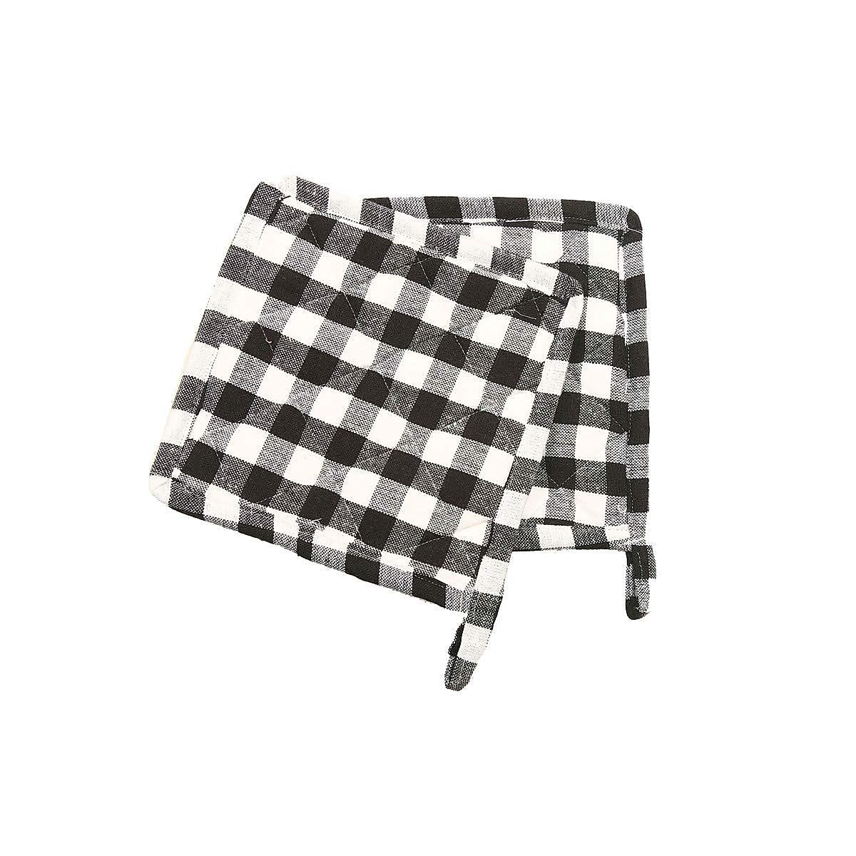 Heat Resistant Pot Holders 100% Cotton Everyday Quality Kitchen Cooking Dual-Function Hot Pad/Pot Holder- Square- Size 7" x 7" - Buffalo Plaid Pattern (Black/White) - { Pack of 5 }