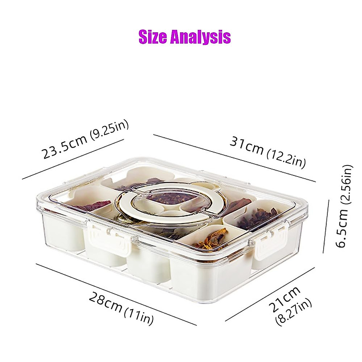 Mimeile Plastic Seasoning Organizer Box Spice Storage Containers Snack Condiment Food Holder 8 Compartment with Sealing Lid Handle Divided Serving Tray for Kitchen Cabinet Pantry Refrigerator