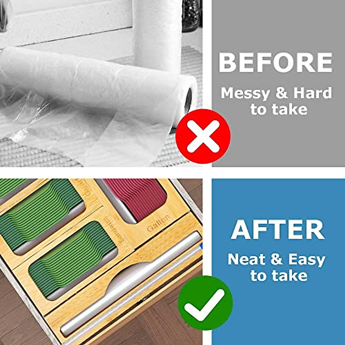 OFFSIR Ziplock Bag Storage Organizer and Plastic Wrap Dispenser, 5 Separate Food Bags Organizer for Kitchen Drawer, Bamboo Bag Holder with Cutter for Gallon, Quart, Sandwich, Snack, Wax, Foil