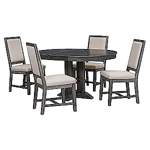 Dinehome 5-Piece Wood Round Extendable Table Set for 4 with Four Upholstered Chairs, for Dining Room, Black