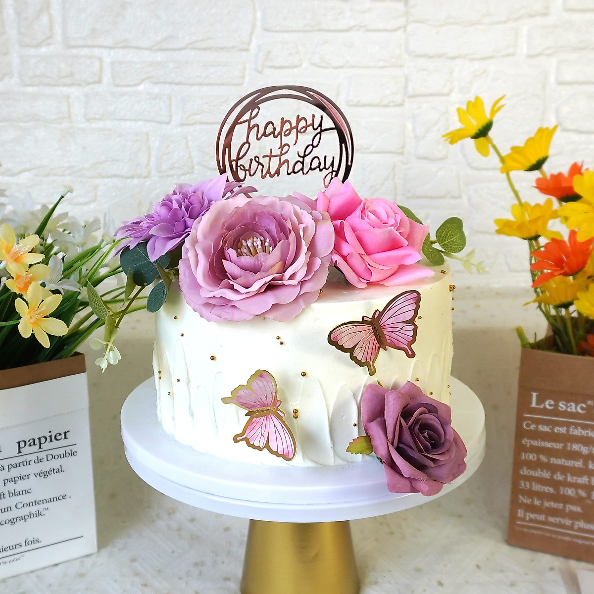 20 PCS Flower Cake Toppers Butterfly Cake Decorations Happy Birthday Cake Toppers with Pink Purple Flowers Eucalyptus Butterflies for Birthday Party Wedding Baby Shower Supplies (Pink Purple)