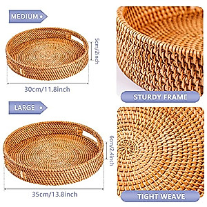 FIYAMMY Large Round Rattan Serving Tray Set of 2, Woven Tray with Handles Serving Basket Wicker Fruit Bread Serving Basket for Coffee Table(13.8in x 2.8in；11.8in x 2.4in)