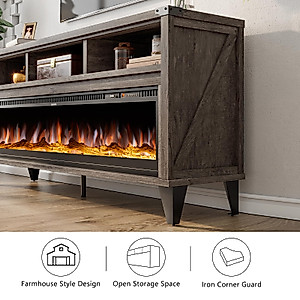 LUXOAK 65“ Fireplace TV Stand, Farmhouse Entertainment Center with 60" Tempered Glass Electric Fireplace, Industrial Media Console with Open Storage Space for TVs up to 75", Light Gray