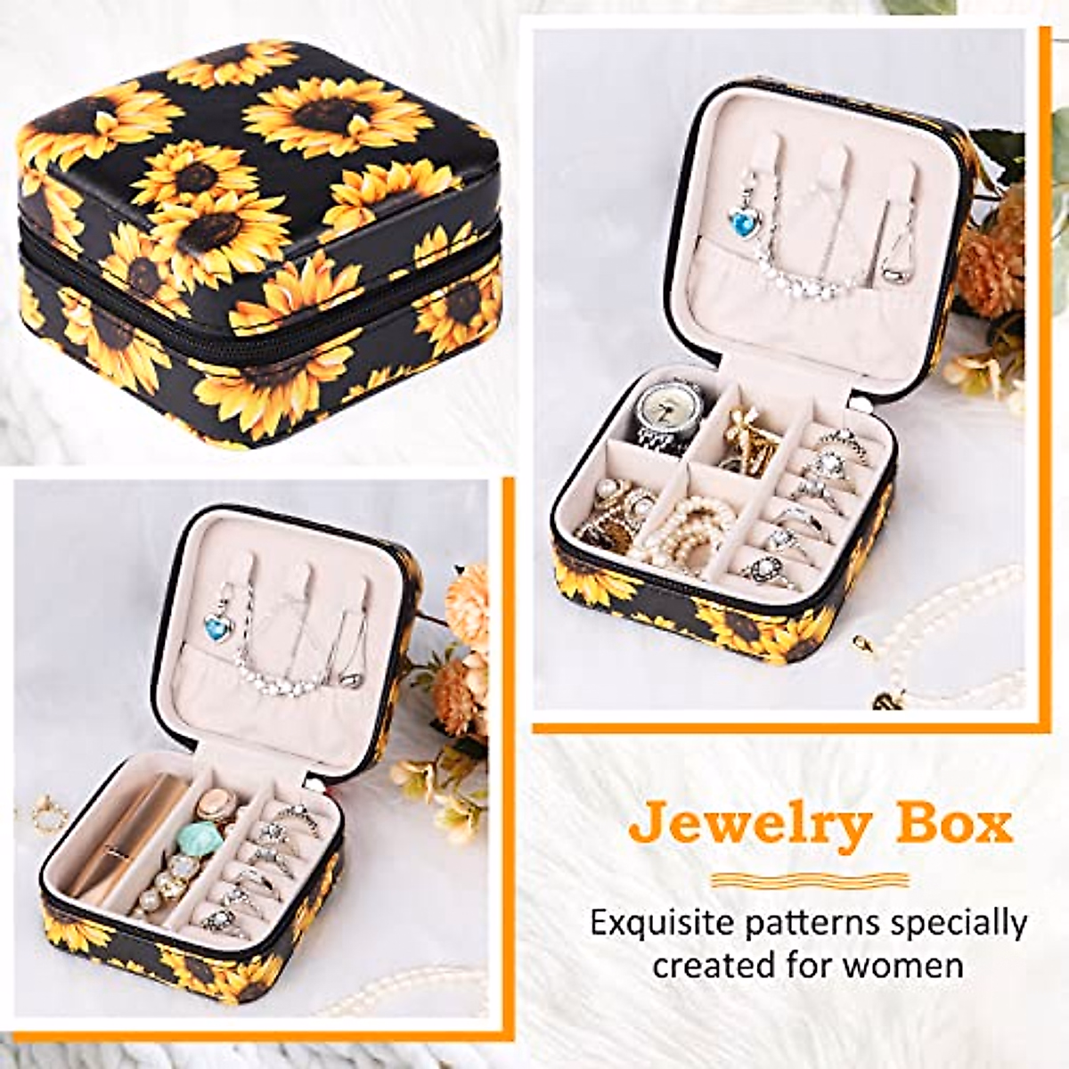 Travel Jewelery Case,Travel Essentials for Women Small Jewelry Box,Mini Travel Jewelry Organizer,Birthday Gifts for Women Bridesmaid Gifts Graduation Gifts for Girls Girlfriend Mom Wife Sunflower
