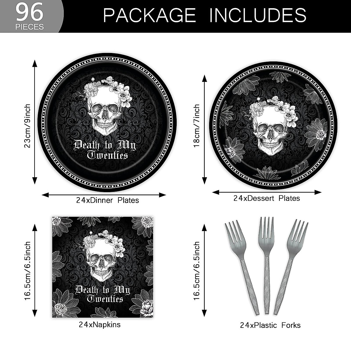96PCS Death to My Twenties Plates Napkins Party Supplies Rip to My 20s Party Decorations Skull Black 30th Birthday Tableware Set Funeral for My Youth Funny Thirtieth Birthday Party Supplies Serve 24