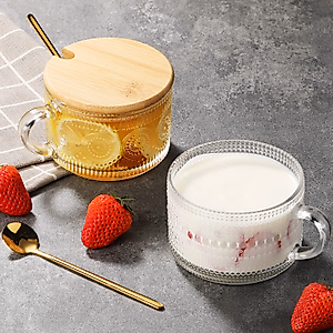 Newpow Vintage Coffee Mugs Set of 4, Glass Cups Overnight Oats Containers with Bamboo Lids and Spoons, Cute Coffee Bar Accessories, Iced Coffee Glasses - Clear 13oz