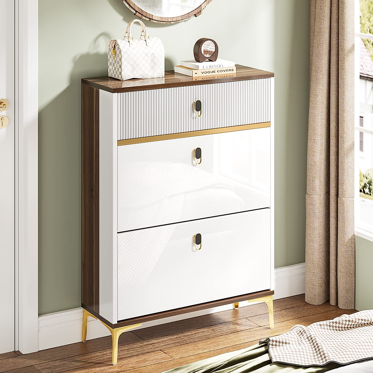 Tribesigns Shoe Cabinet for Entryway Slim: Shoe Storage Organizer Cabinet with 2 Flip Drawers, Wooden Shoe Rack with Gold Metal Legs for Entrance, Hallway, Living Room, White & Brown