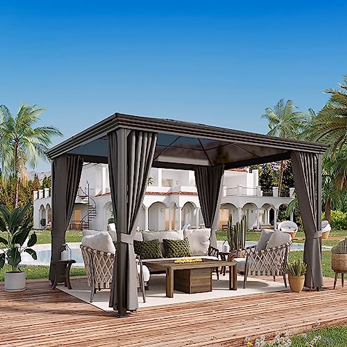LATTOY 10x12ft Permanent Hardtop Gazebo, Outdoor Galvanized Steel Double Roof Pavilion Pergola Canopy with Aluminum Frame and Privacy Curtains for Garden Patio,Patio Backyard,Deck and Lawns