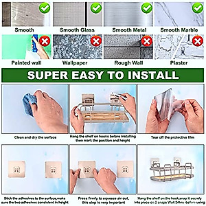 HOBYLIFE Self Adhesive Shower Shelves with Hooks, Wall Mounted Bamboo Shower Caddy, No Drilling Rustproof Bathroom Shower Organizer, 2 Pack- Silver