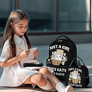 FUZZYFIT Personalized Cat Backpack with Lunch Box Set for Kids, 3 in 1 School Backpacks Matching Combo, Cute Black Bookbag and Pencil Case Bundle