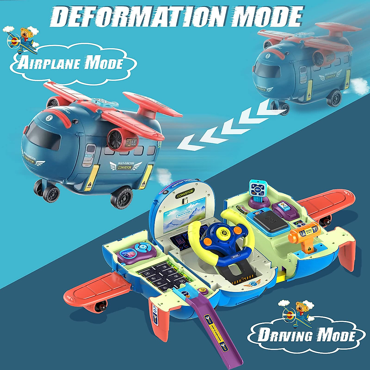 Itcaoseklu Airplane Toy, Kids Play Helicopter Toy with Sound & Light, Musical Airplane Toy for Toddler, Educational Helicopter Piggy Bank Toy Gift for 3 4 5 6+ Kids Boys Girls, Blue