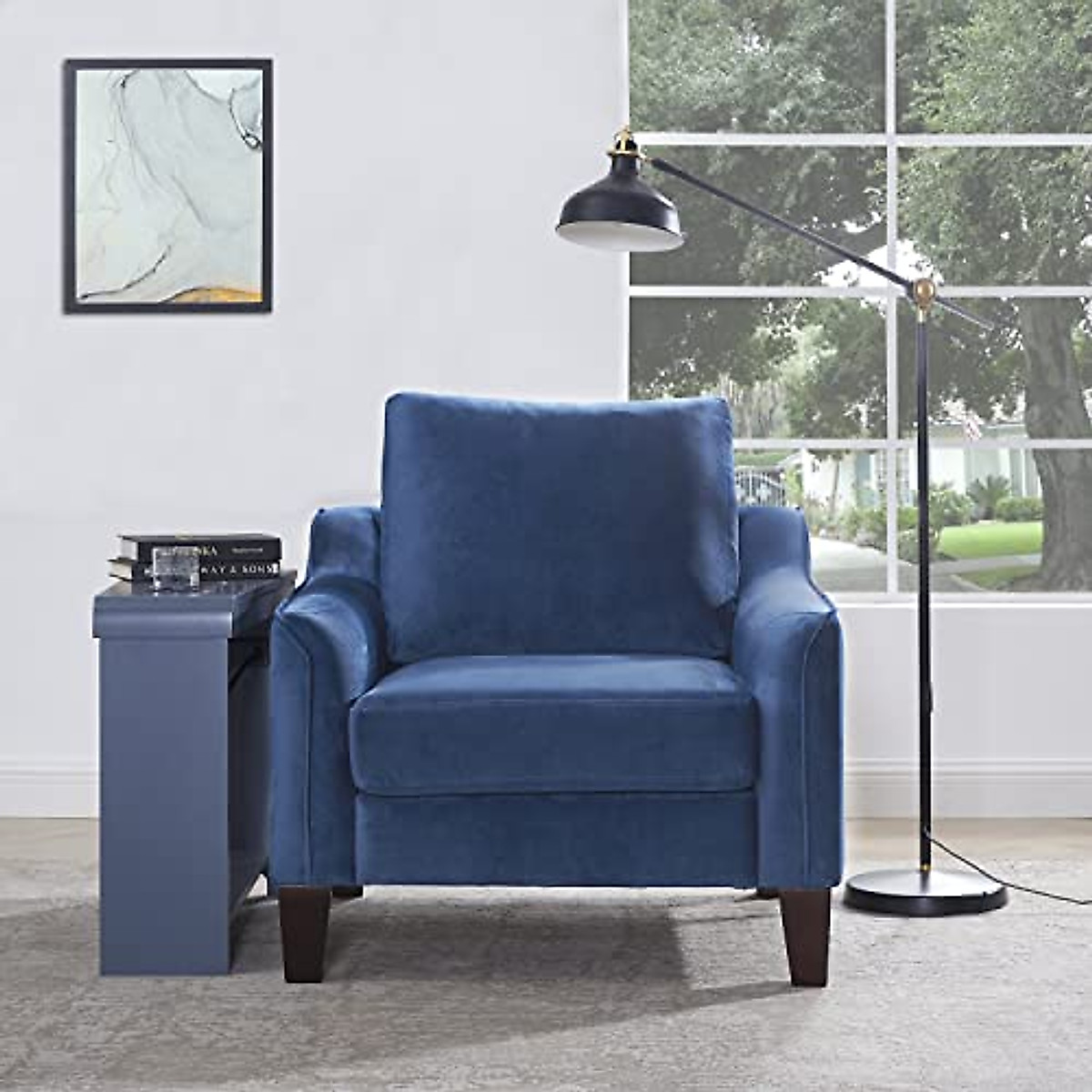 Naomi Home Natalia Velvet Accent Chair Comfy Upholstered Plush Mid-Century Modern Accent Armchair for Bedroom, Living Room – Blue