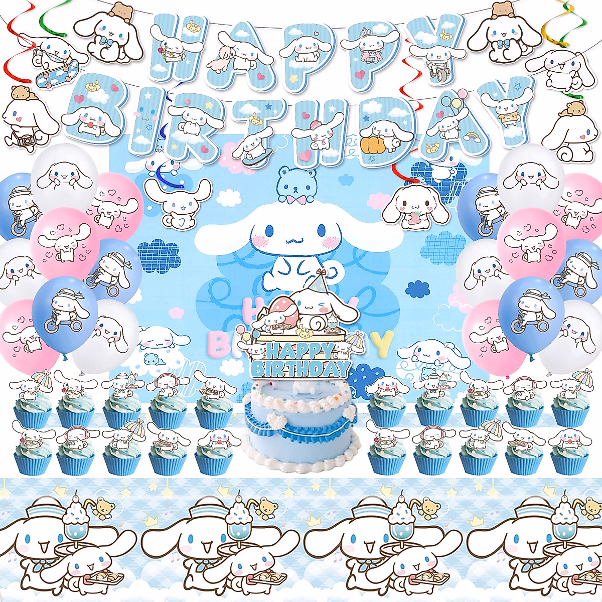 Cinnamoroll Birthday Decorations, Party Supplies Set Include Banner, Backdrop, Balloons, Hanging Swirls, Cake Cupcake Toppers, Tablecloth for Kids Cinnamoroll Theme Party