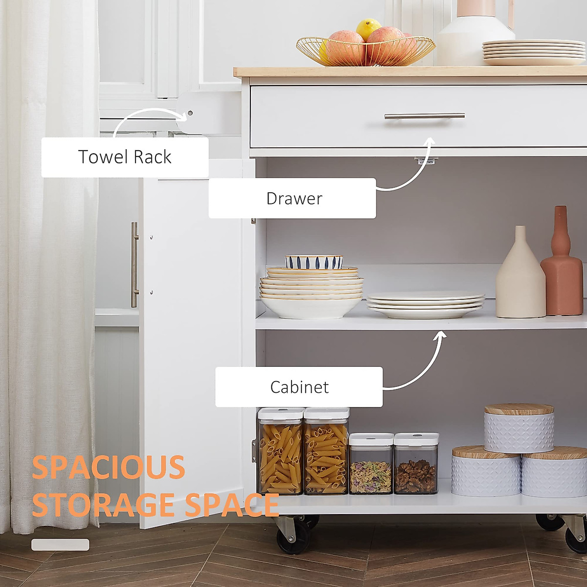 HOMCOM Kitchen Island Cart Rolling Trolley Cart with Drawer, Storage Cabinet & Towel Rack, White