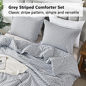 Andency Striped Comforters Queen Size Set Gray, 3 Pieces Grey Bedding Comforter Sets for Queen Bed, Soft Lightweight Fluffy Down Alternative Bed Set for Boys Men All Season