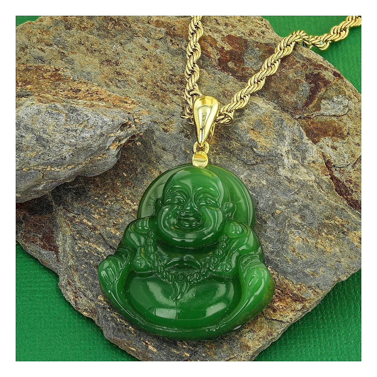 Smiling Laughing Buddha Green Jade Pendant Necklace Rope Chain Genuine Certified Grade A Jadeite Jade Hand Crafted, Jade Necklace, Gold Buddha necklace, Buddha chain, Jade Medallion 24" Rope Necklace