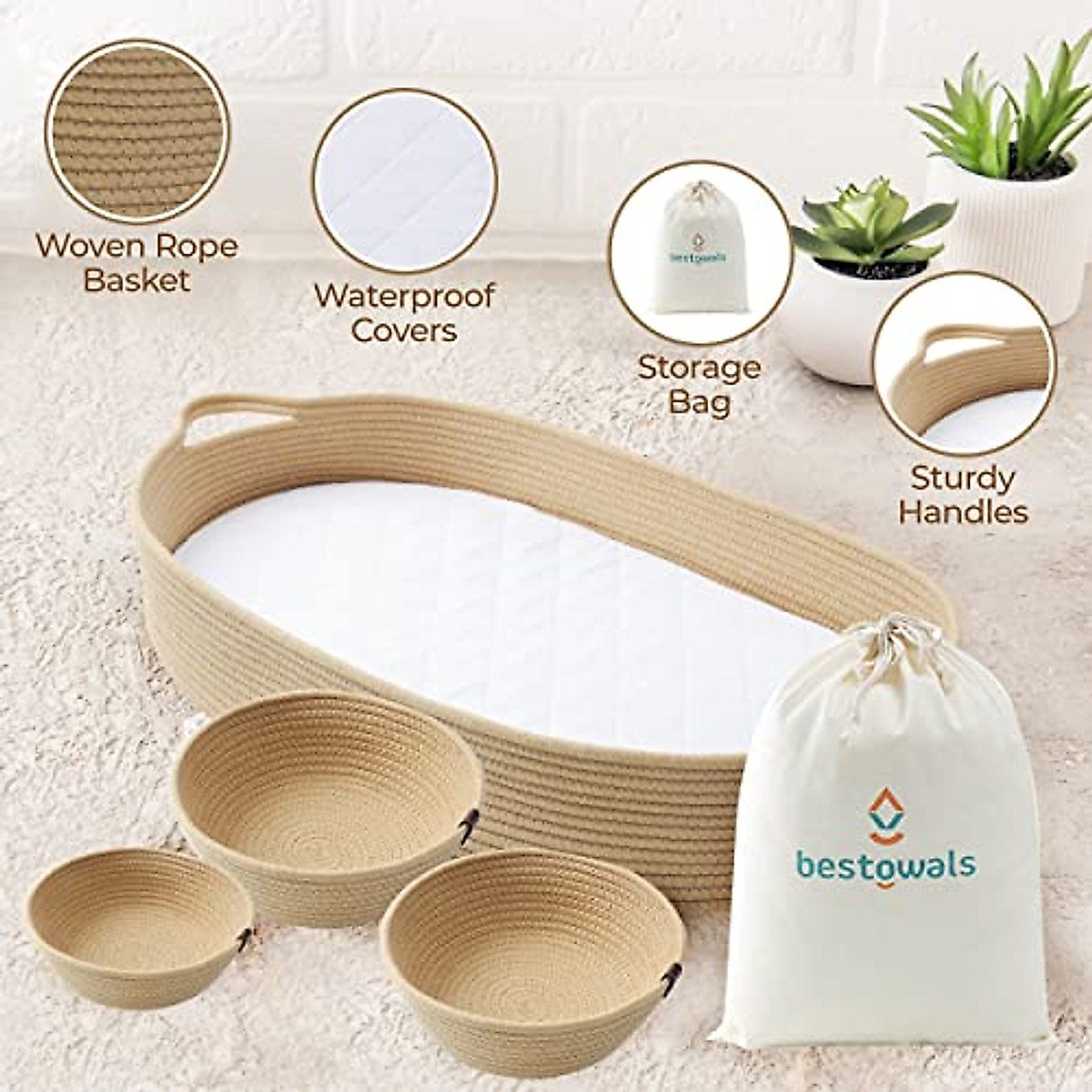 BESTOWALS Baby Changing Basket for Baby Dresser, Moses Basket for Babies, Comfortable and Stylish Cotton Rope Diaper Changing Basket with 3 Small Baskets, Easy to Carry