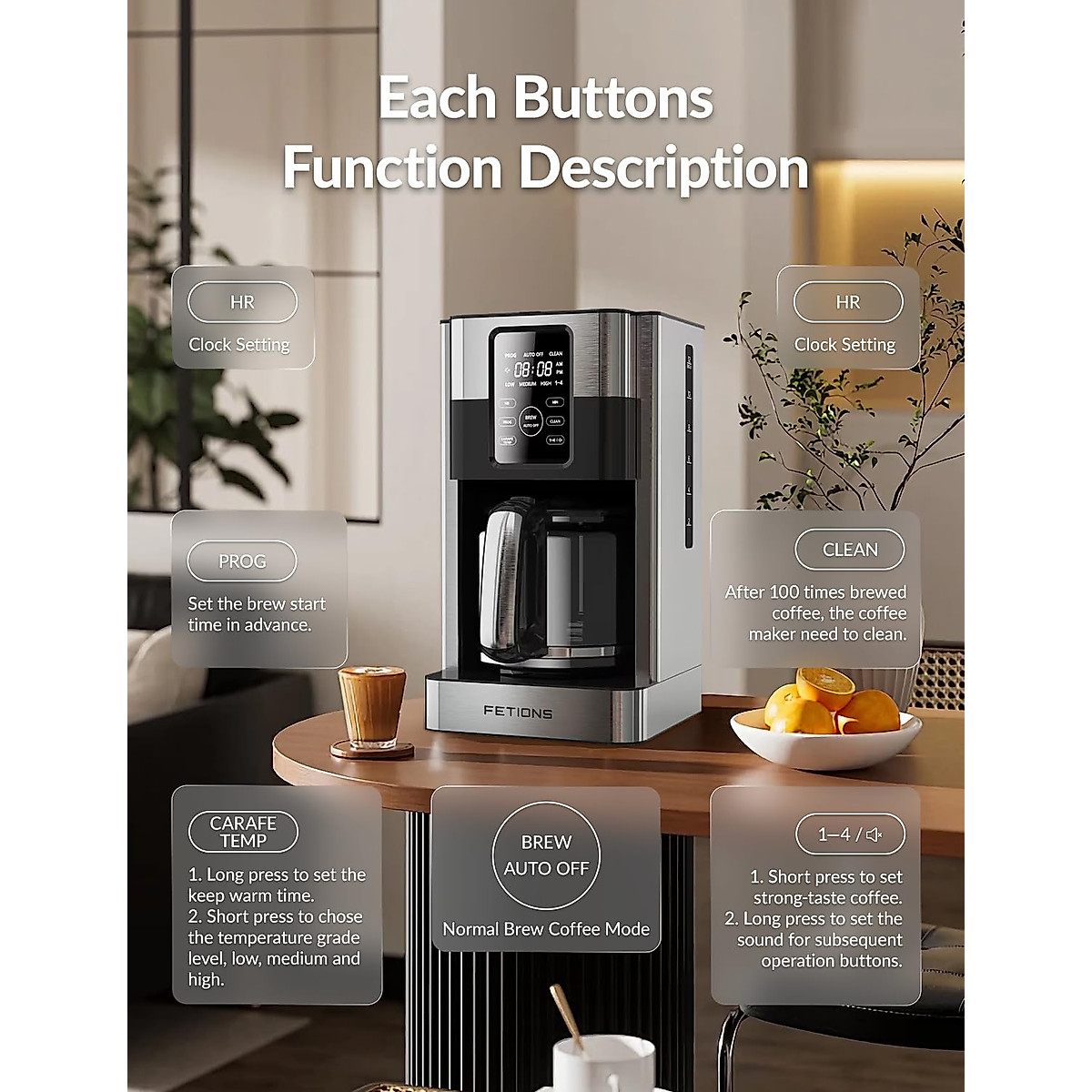 FETIONS Coffee Maker with Glass Carafe for Home Office, Programmable Stainless Steel Drip Coffee Machine with Timer Auto Shut-Off, LED Screen, 12-Cup Coffee Pot with Anti-Drip System, Reusable Filter