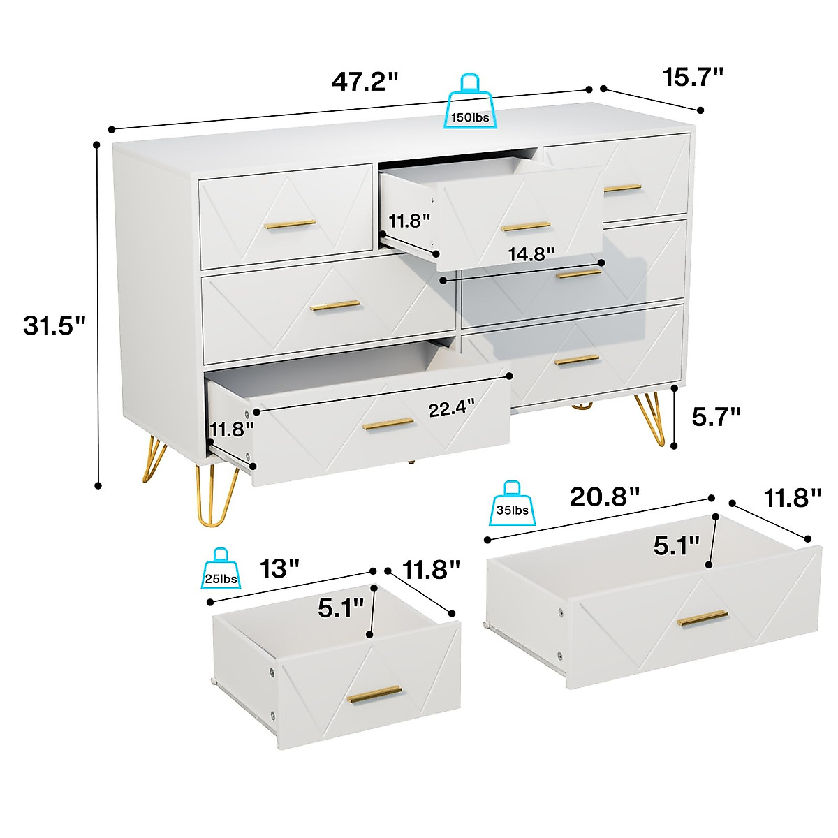 JOZZBY White Dresser for Bedroom, 7 Drawer Wooden Dresser with Gold Handles, Modern Storage Dressers & Chests of Drawers for Hallway, Entryway