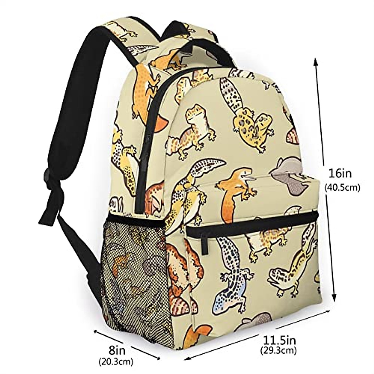 Gesey-R4T Cartoon Cute Leopard Gecko Pattern Casual School Backpack Bag, Laptop Hiking Travel Shoulder Daypack College Bookbag for Men Woman Girls Boys Teens, Black, One Size
