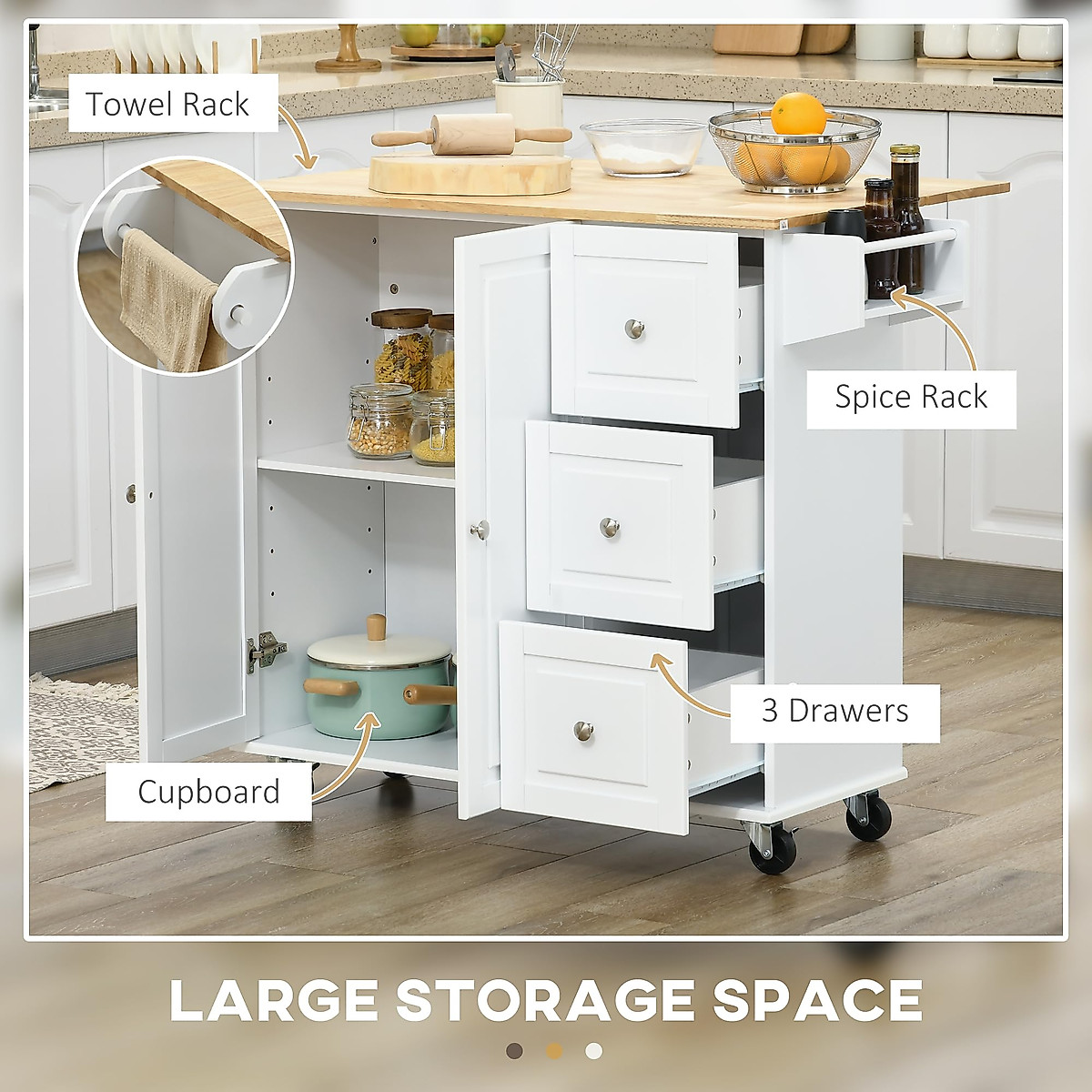 HOMCOM Kitchen Island with Drop Leaf, Rolling Kitchen Cart on Wheels with 3 Drawers, Cabinet, Natural Wood Top, Spice Rack and Towel Rack, White