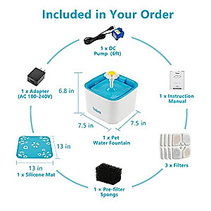 Veken Pet Fountain, 84oz/2.5L Automatic Cat Water Fountain Dog Water Dispenser with 3 Replacement Filters & 1 Silicone Mat for Cats, Dogs, Multiple Pets, Blue