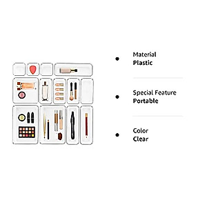 Ravinte 13 PCS Drawer Organizer Plastic Storage Bins, 5 - Size Kitchen Drawer Organizer with Non-Slip Pads Clear Desk Storage Tray for Makeup, Jewelries, Kitchen Utensils and Office