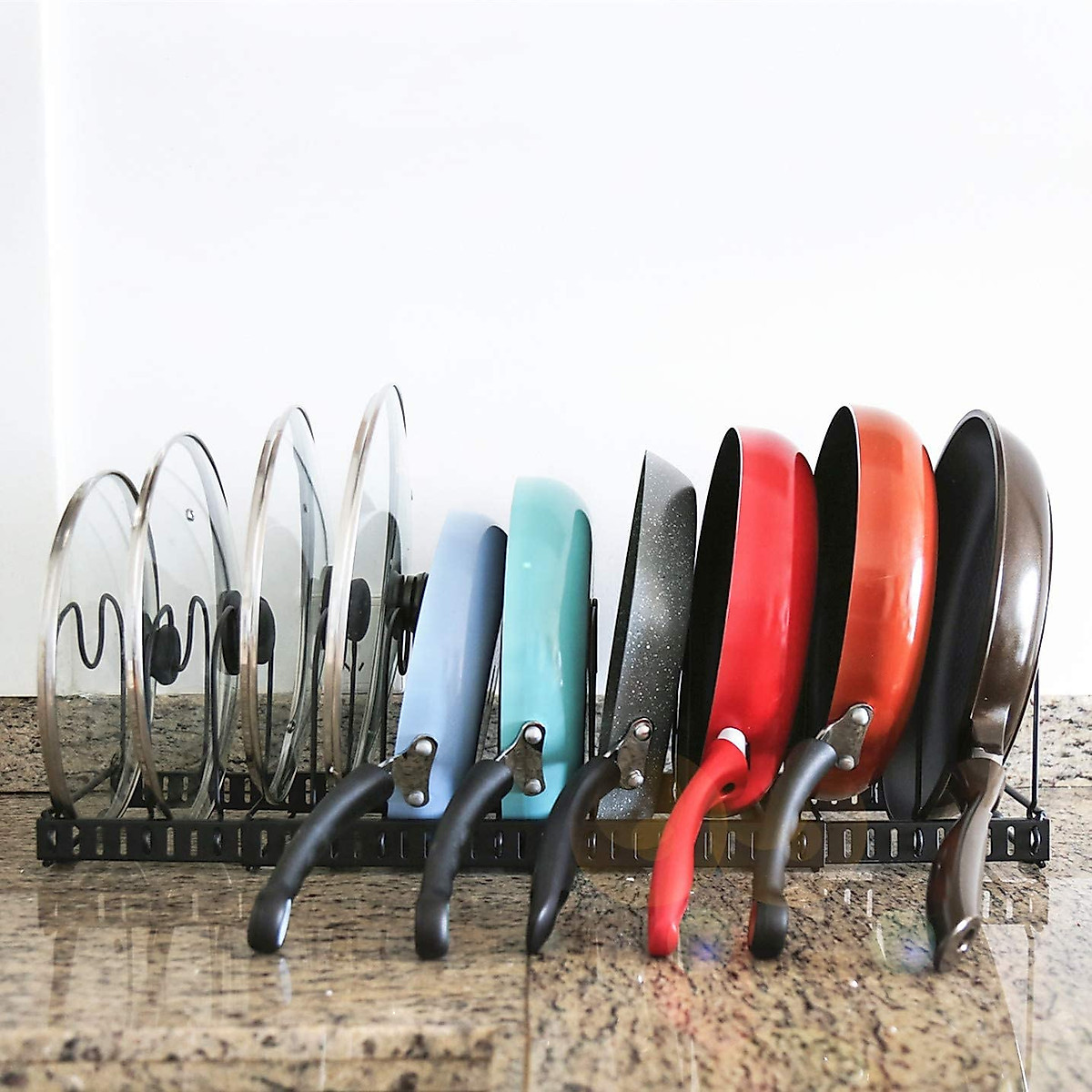 7 Dividers Pot Rack Organizer for Pot Lids Pans Adjustable Pot Organizers for Cabinets, Storage Pan lid Organizer for Dishes, Expansible Pan organizer (Black)