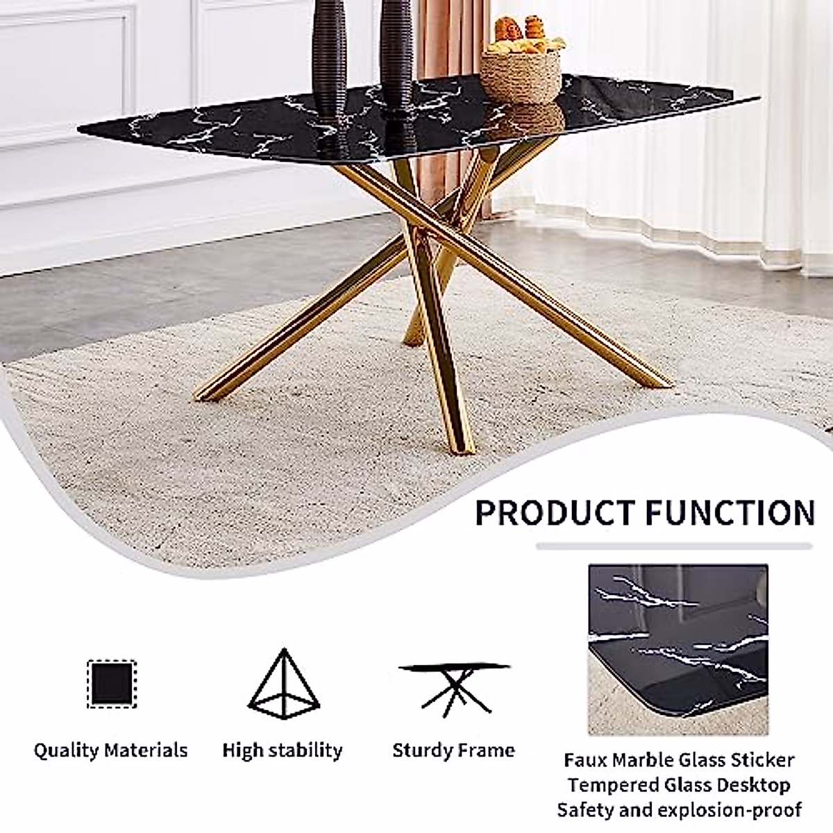Baysitone Rectangular Glass Dining Table Set for 6, 71 inch Black Marble Polishing Dining Table with 4 Golden Coated Metal Legs, PU Faux Leather Chairs with Golden Metal Legs for Kitchen, Dark Gray