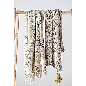 Creative Co-Op Woven Recycled Cotton Blend Printed Blanket with Neutral Floral Pattern and Tassels Throw, Multicolored