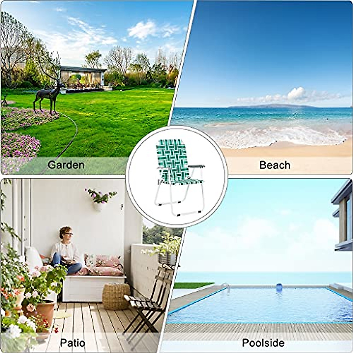 2 Pack Webbing Chair, Designs New Standard Patio Lightweight Folding Web Lawn Chair Set, Outdoor Reclining Beach Chair Portable Camping Chair, Webbed Folding Chair for Yard, Garden (Light Green)